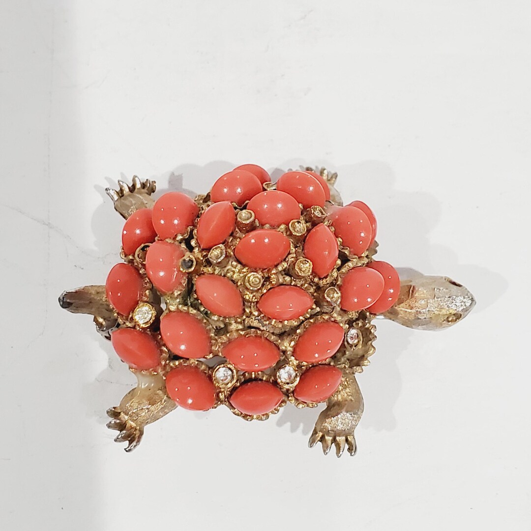HAR Peach Coral and Rhinestone Turtle Pin Stamped Very Hard to Find ...