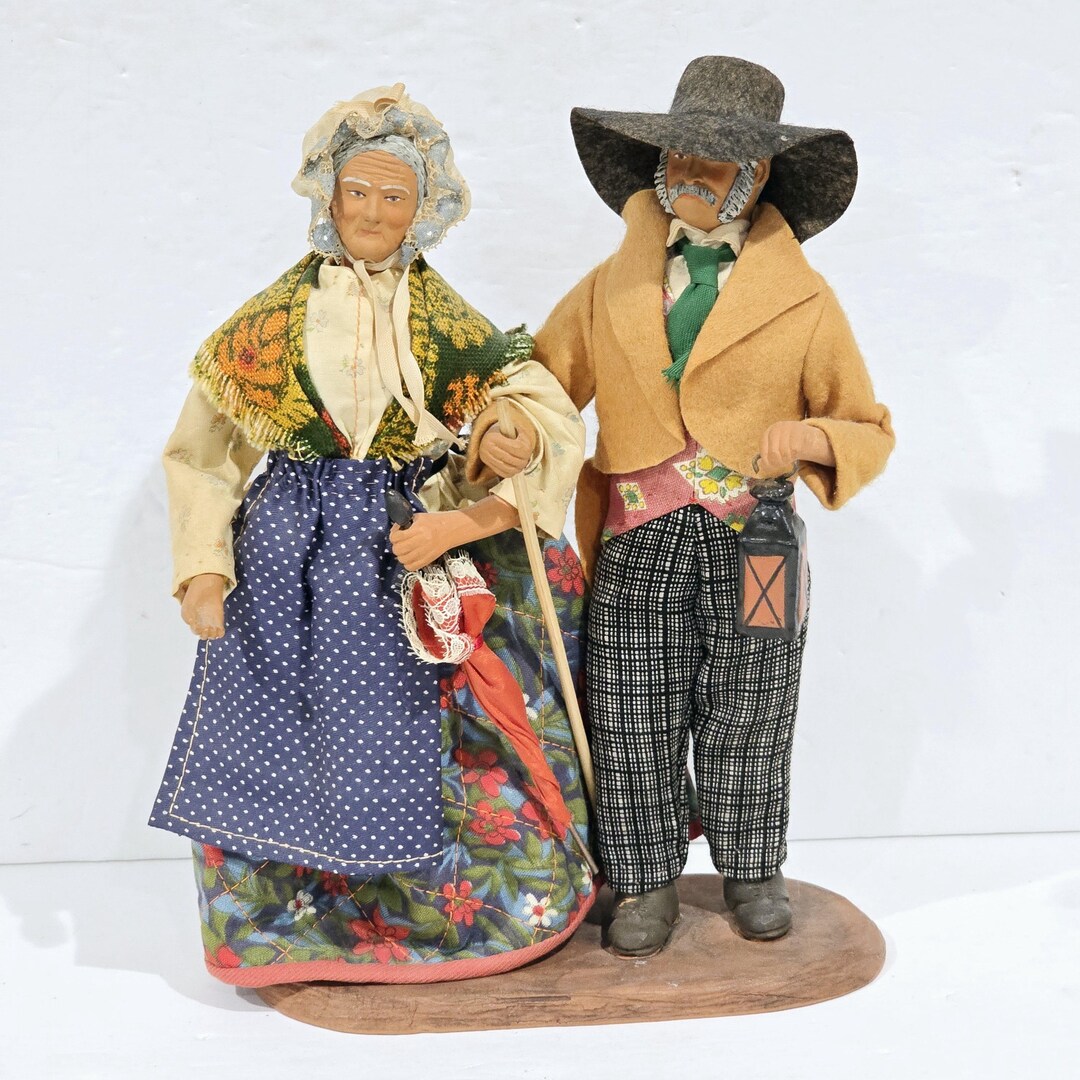 French Country Provence Santon France Clay Old Lady and Man Figurine R ...
