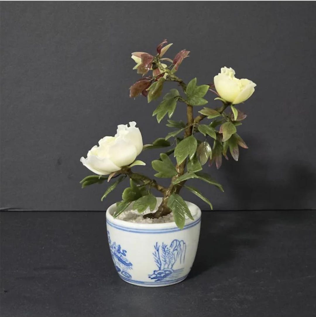 1970s Peony Jade Tree Sculpture in Blue and White Cachepot Made in ...