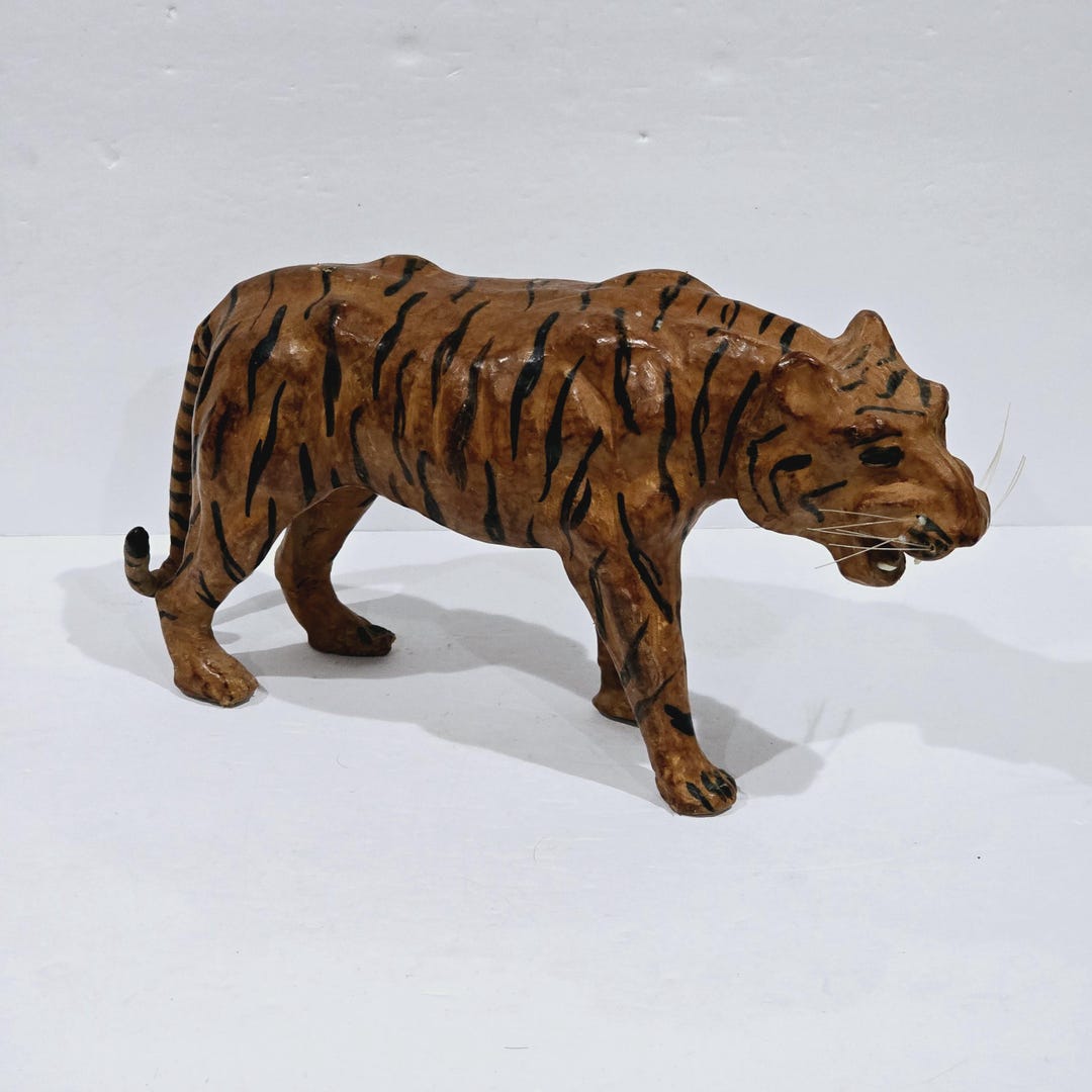 Vintage Large Leather Wrapped Bengal Tiger Table Sculpture, Maximalist ...