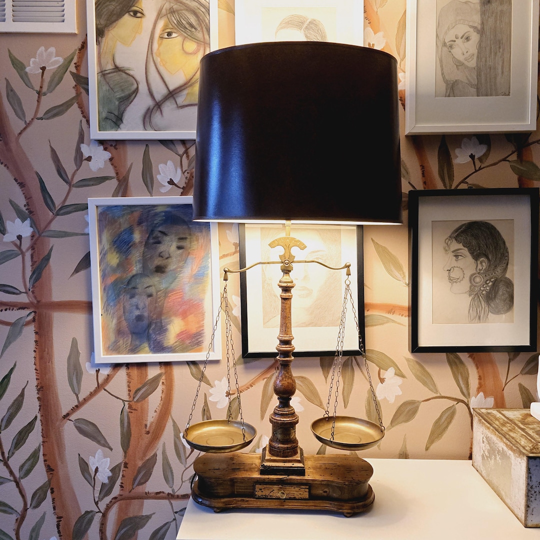 Vintage Balance Scale Table Lamp: Mid Century Wormwood & Brass, Made in ...