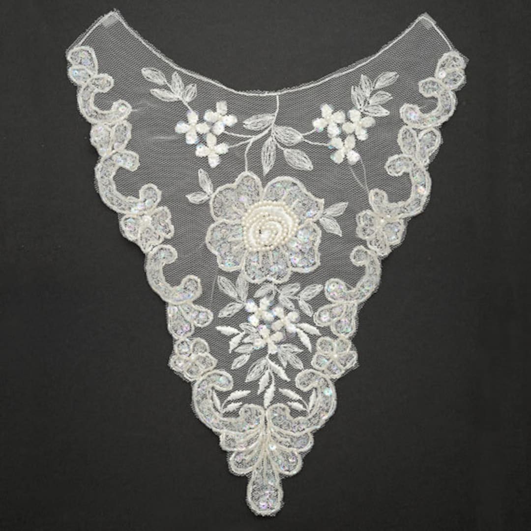 Pearl Beaded Sequin Neckline Applique, Bridal Applique, Embroidery Lace ...