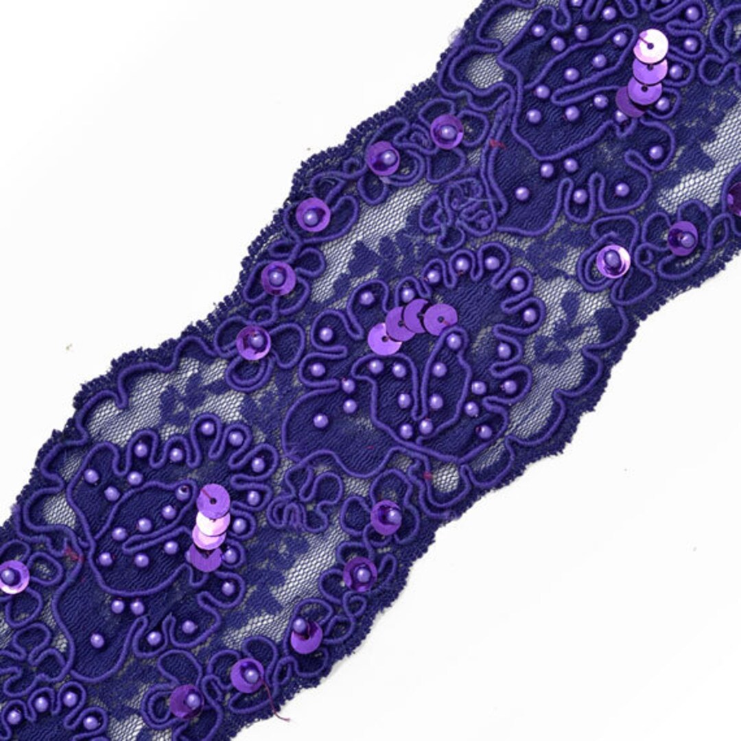 PURPLE Beaded Sequin Embroidery Ribbon Lace Trim, Bridal Lace, 2-3/4 ...