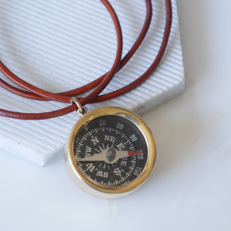Personalised Small Brass Compass Leather Cord Necklace - Etsy UK