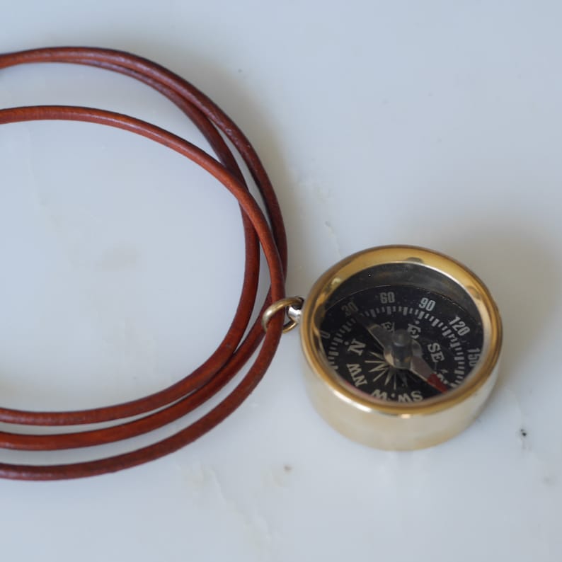 Personalised Small Brass Compass Leather Cord Necklace - Etsy UK