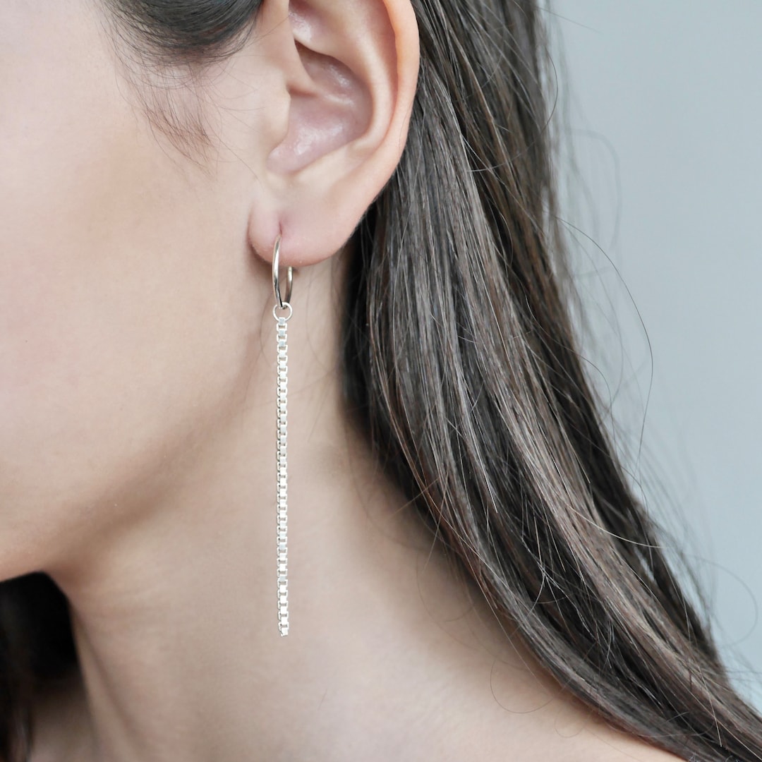 Sterling Silver Box Link Chain Long Drop Hoop Earrings - Etsy