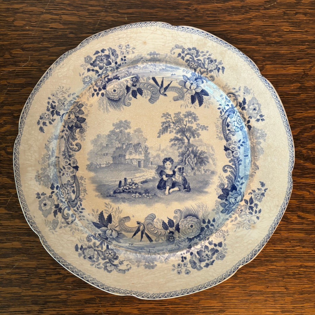 Antique Blue Transferware Rural Scenes, Girl With Dog, Davenport ...