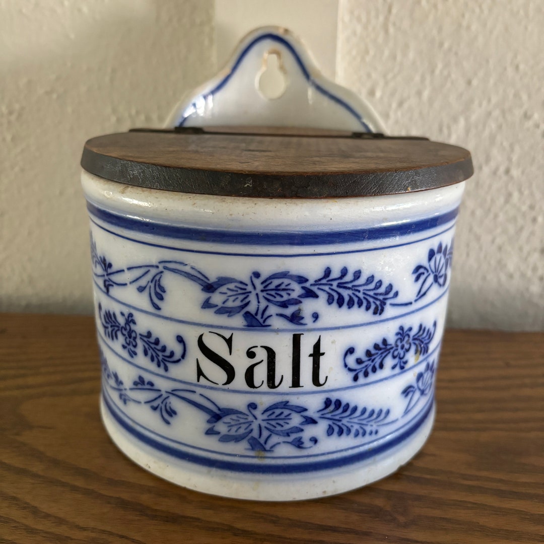 Antique German Blue and White Salt Box With Wooden Hinged Lid - Etsy