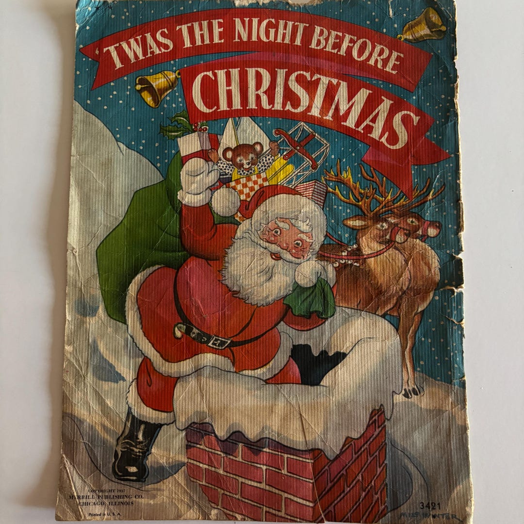 Vintage 'twas Night Before Christmas Linenette Book Cover BACK COVER ONLY for Framing. Merrill ...