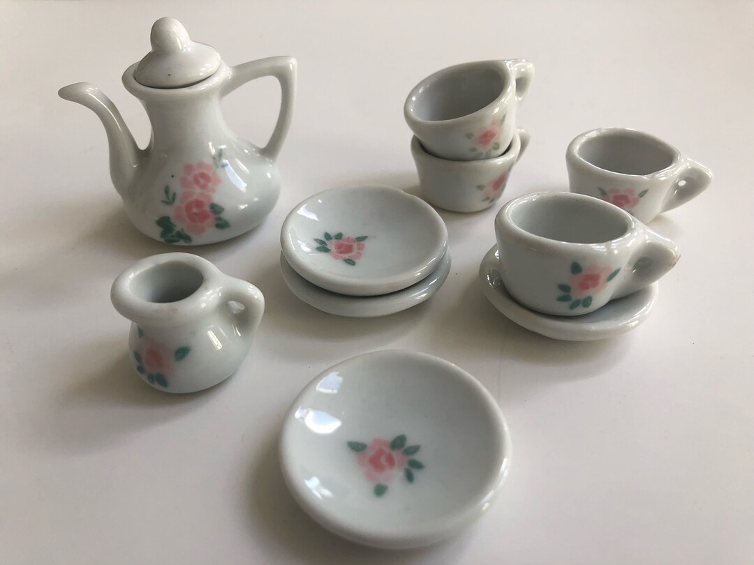 Adorable 11 Piece Pink Roses Ceramic Miniature Tea Set - Excellent ...