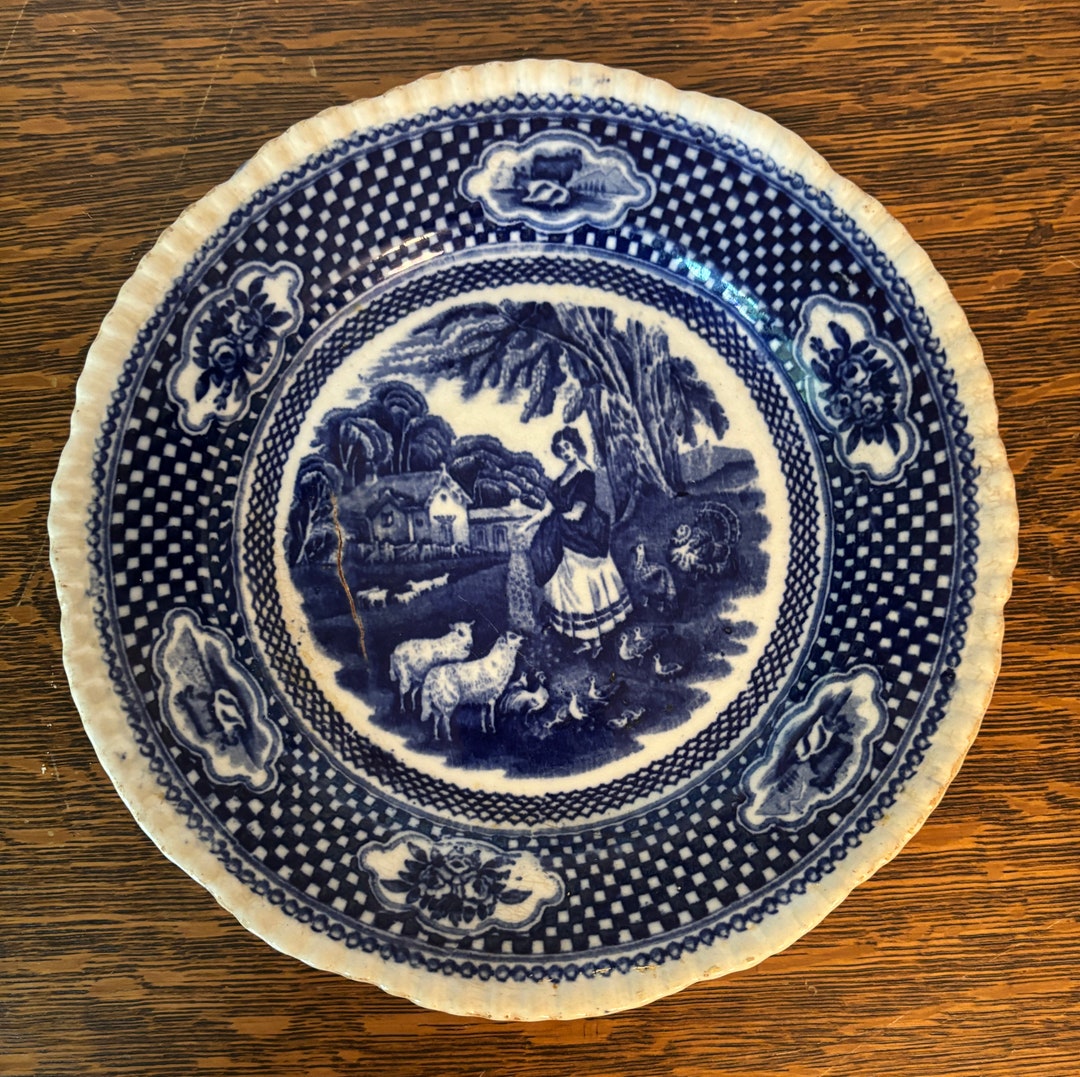 Antique W. Adams & Co. Ironstone Blue Transferware Old English Rural ...