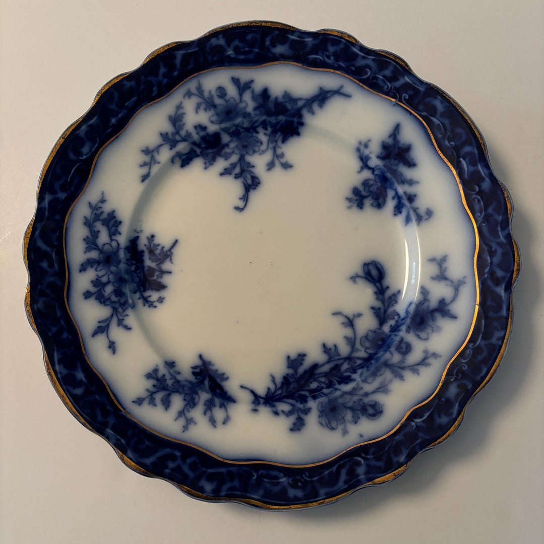 Antique Flow Blue Touraine 10" Dinner Plates With Gold Trim. Stanley ...