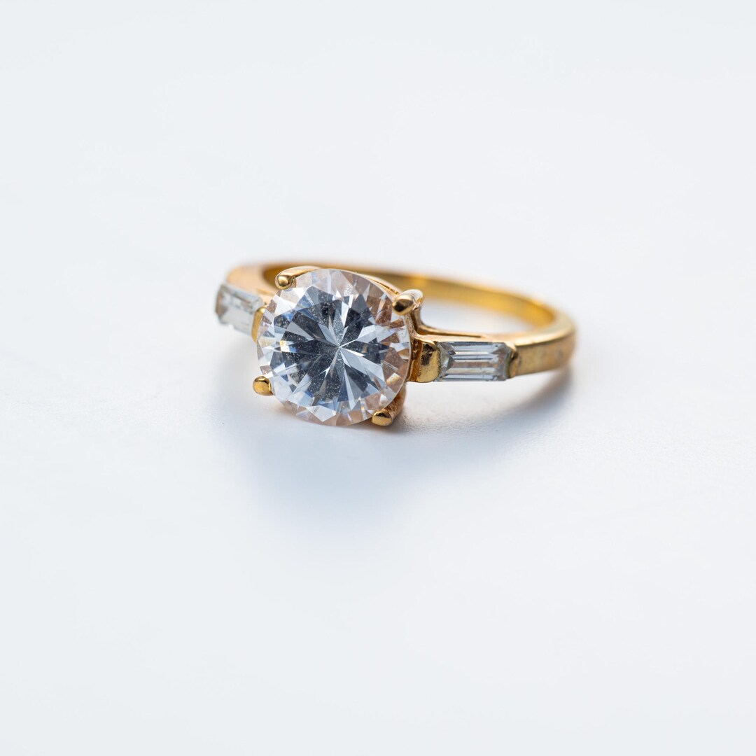 Vintage MCM Gold Tone Ring With Large Round Center Stone and 2 ...