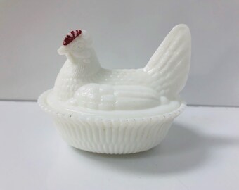 Mosser Black Glass Hen on Basket With a White Head, Nest, Lidded Dish ...