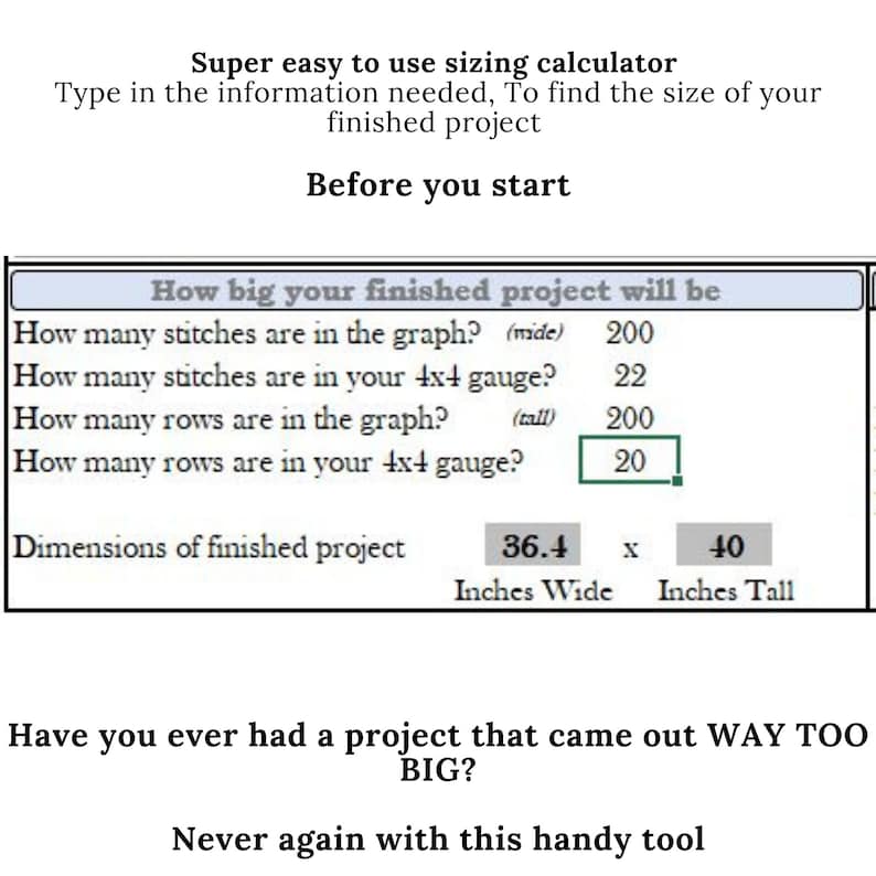 Crochet Graphgan Project Size and Yarn Amount Excel Calculator - Etsy