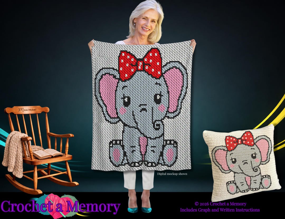Elephant Crochet Baby Blanket Pattern, C2C and SC Elephant With Bow ...