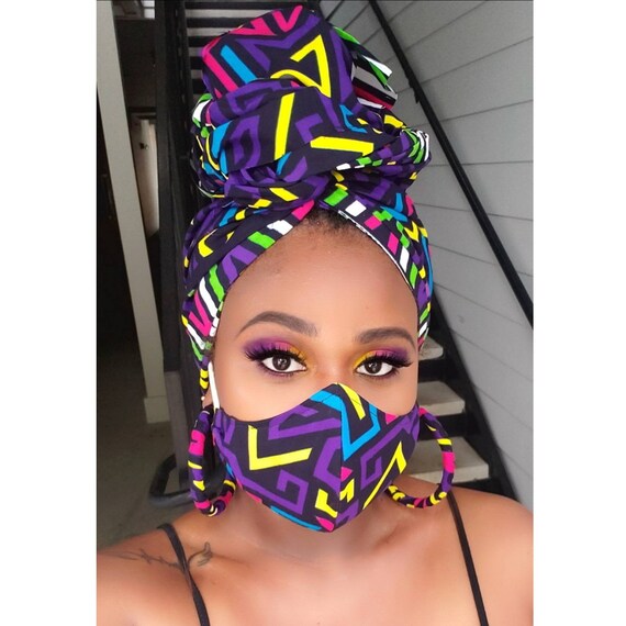 African Print Head Wrap and Face Mask Set Hoops Button | Etsy