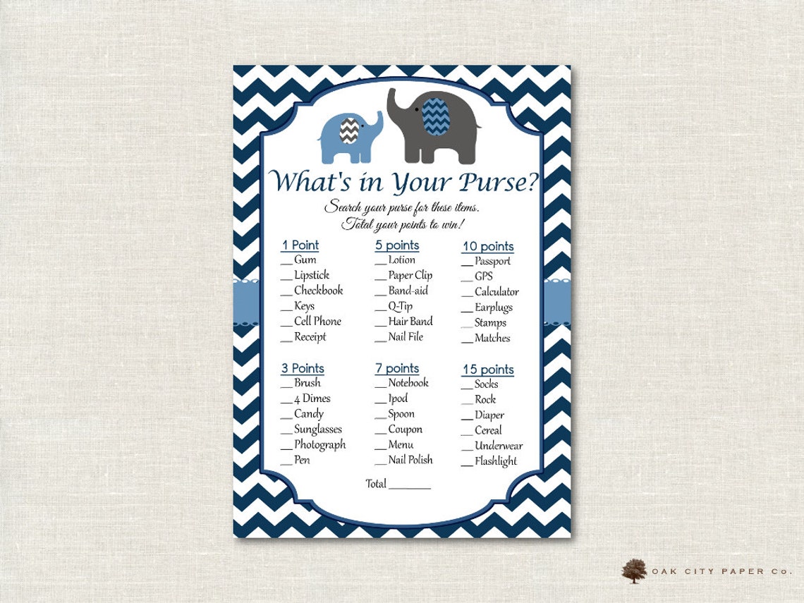 Elephant Whats in Your Purse Shower Game - Whats in Your Purse Baby ...