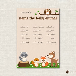 Name the Baby Animal Baby Shower Game - Woodland Animal Theme, Baby ...