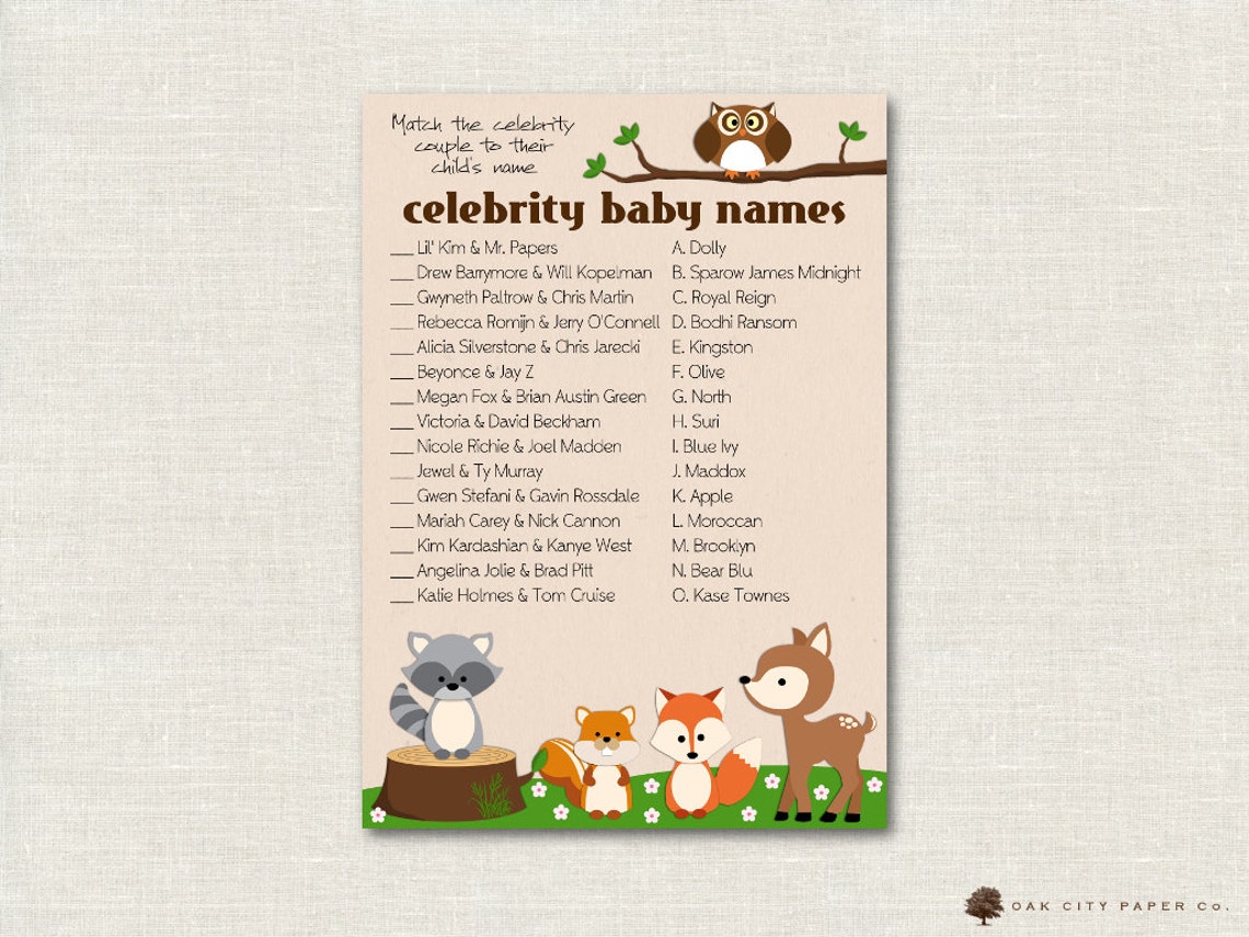 Celebrity Baby Shower Game - Woodland Animal Celebrity Baby Name Game ...