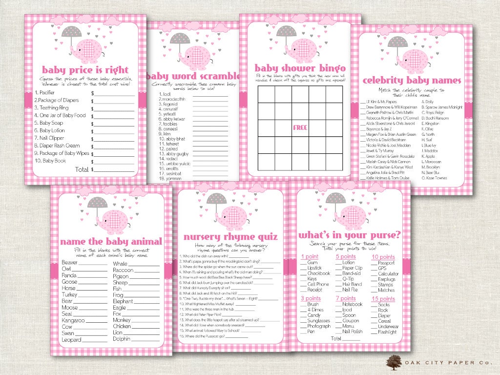 Pink Baby Shower Games Elephant Baby Shower Games Elephant | Etsy