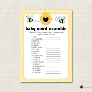 Bee Baby Shower Word Scramble, Honey Bee Word Scramble, Baby Shower ...