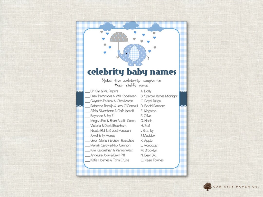 Celebrity Baby Shower Game - Elephant Celebrity Baby Name Game ...
