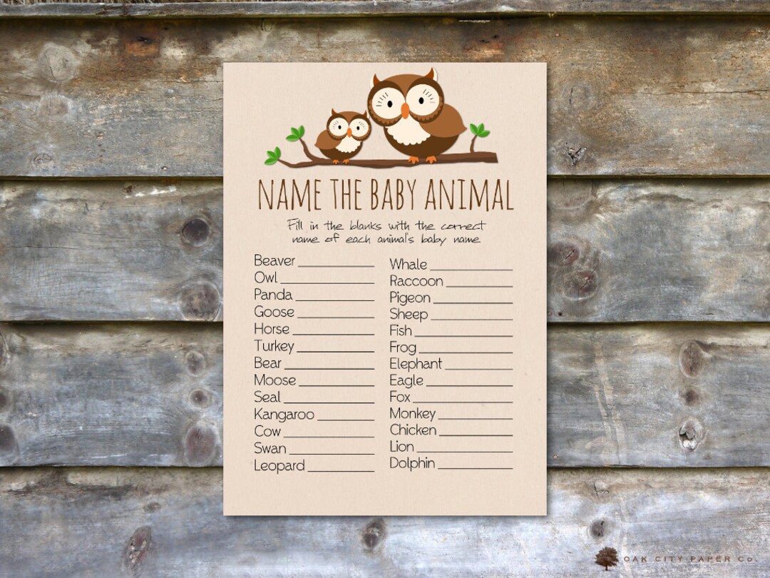Owl Name the Baby Animal Baby Shower Game - Owl Shower Baby Animal Game ...