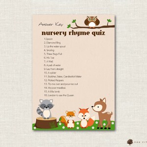 Nursery Rhyme Quiz Woodland Animal Baby Shower Game, DIY, Printable - Etsy