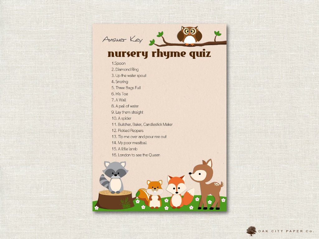 Nursery Rhyme Quiz Woodland Animal Baby Shower Game DIY | Etsy