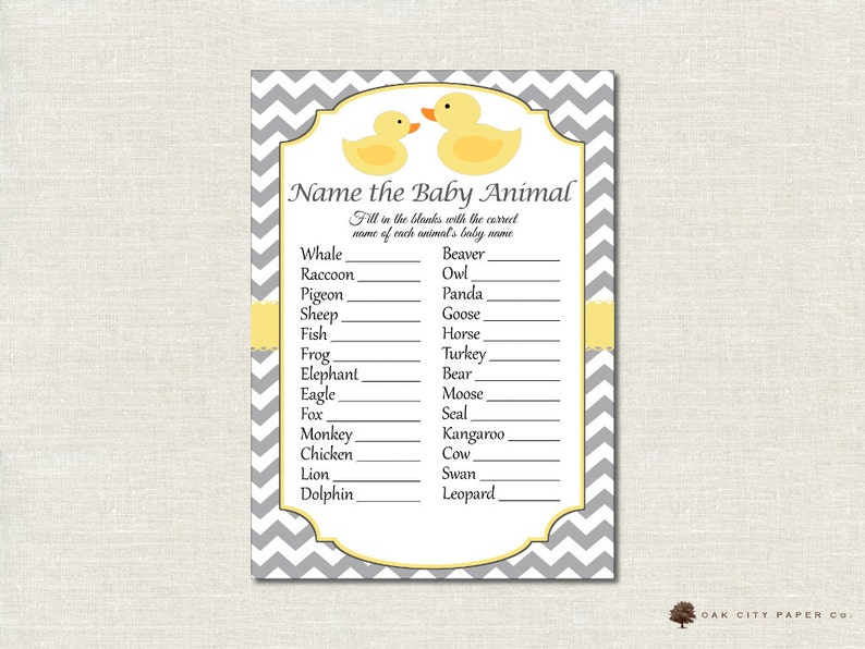 Rubber Ducky Name the Baby Animal Baby Shower Game Rubber Ducky Shower ...