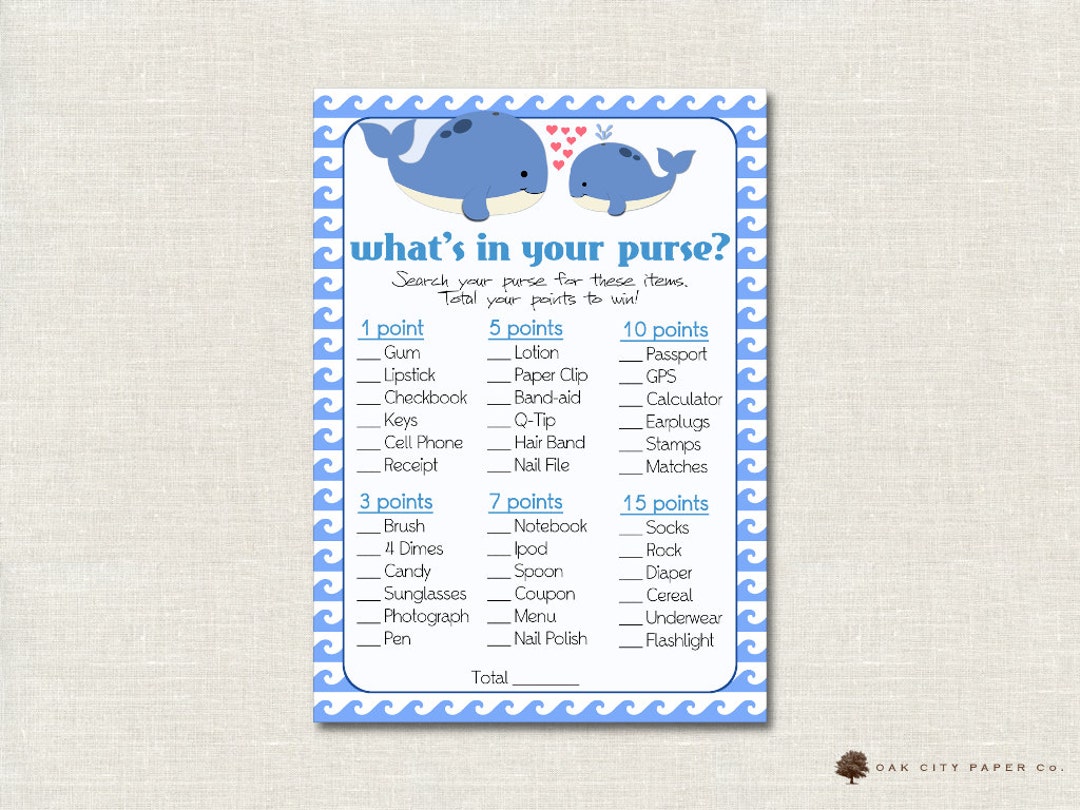 Whale Whats in Your Purse Shower Game Whats in Your Purse Baby Shower ...