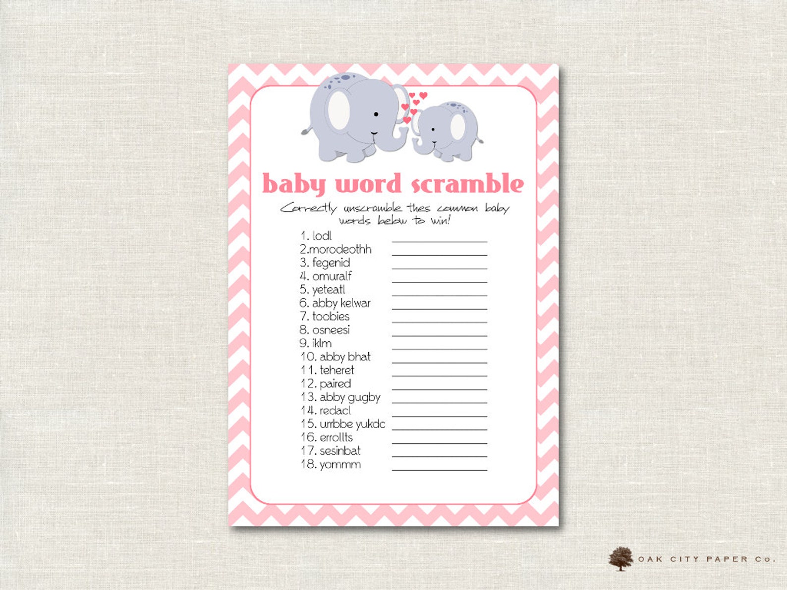 Baby Shower Word Scramble - Elephant Theme, Baby Shower Baby Word ...