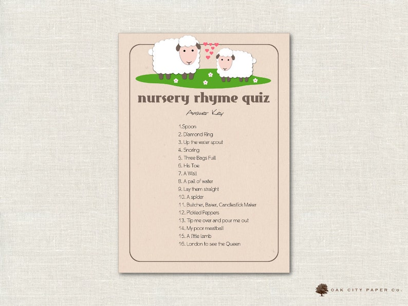 Lamb Nursery Rhyme Quiz Baby Shower Game - Sheep Nursery Rhyme Baby ...