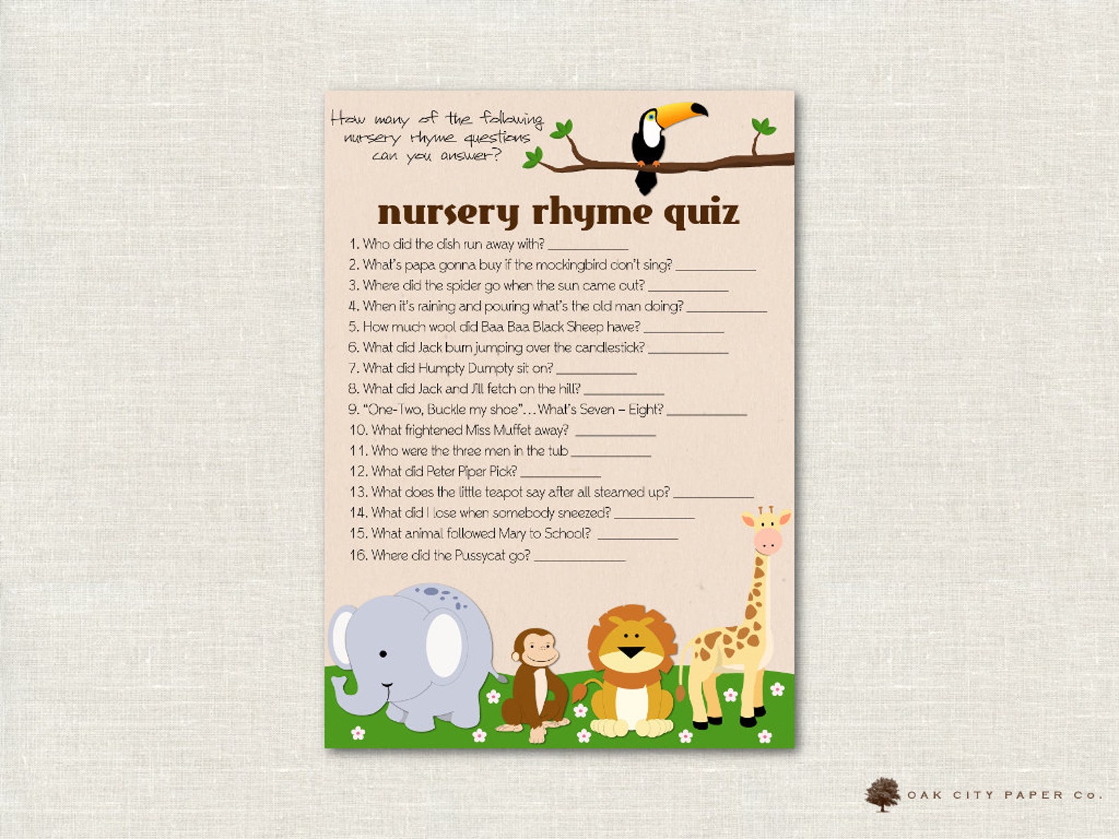 Safari Nursery Rhyme Quiz Baby Shower Game - Jungle Animal Nursery ...