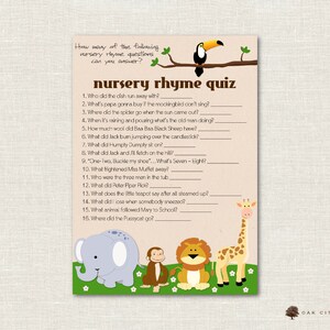 Safari Nursery Rhyme Quiz Baby Shower Game - Jungle Animal Nursery ...