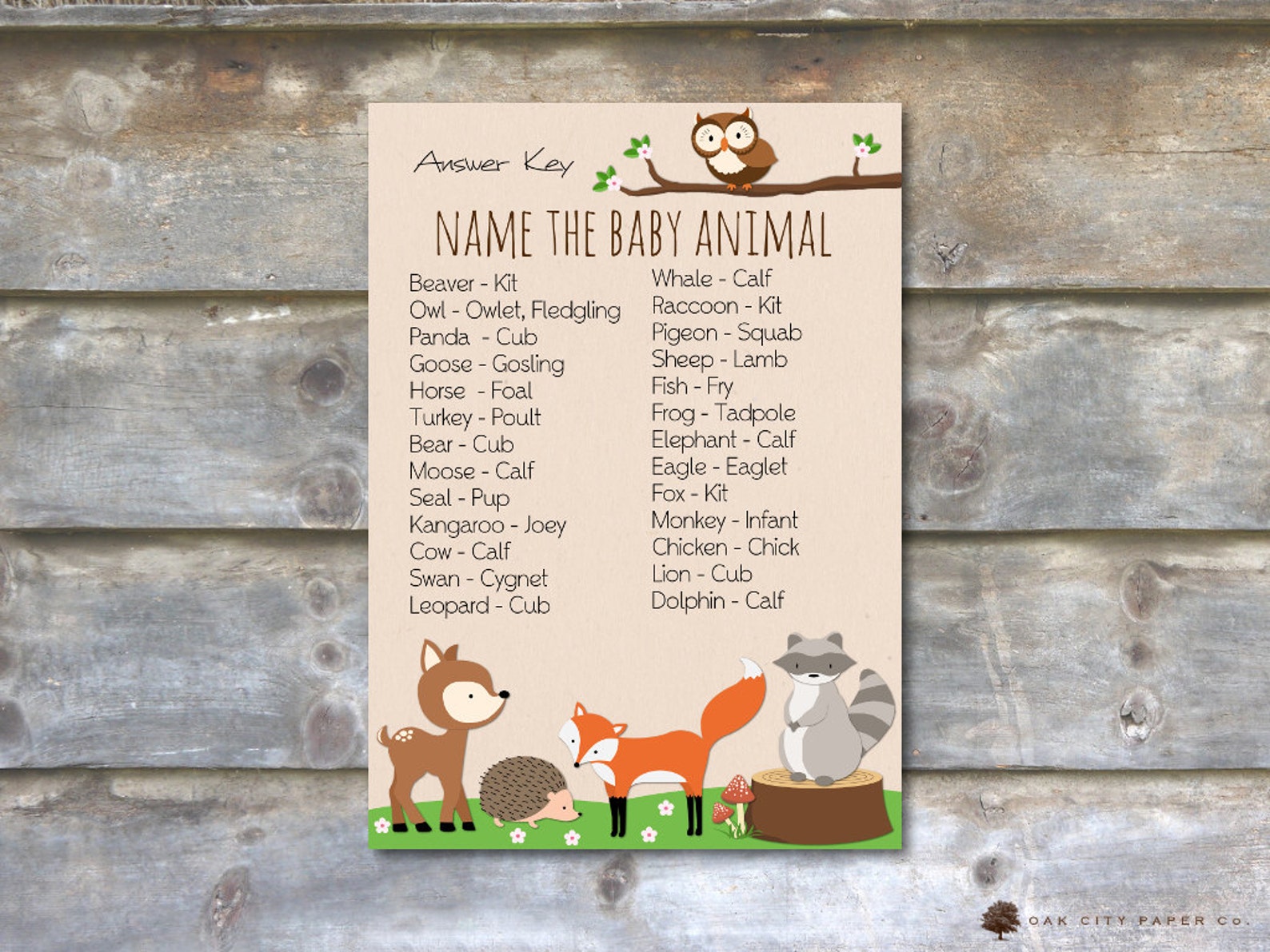 Name the Baby Animal Baby Shower Game - Woodland Animal Theme, Baby ...