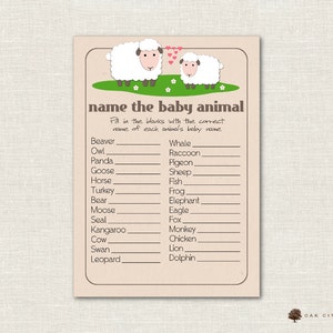 Lamb Name the Baby Animal Baby Shower Game - Lamb Shower Baby Animal ...