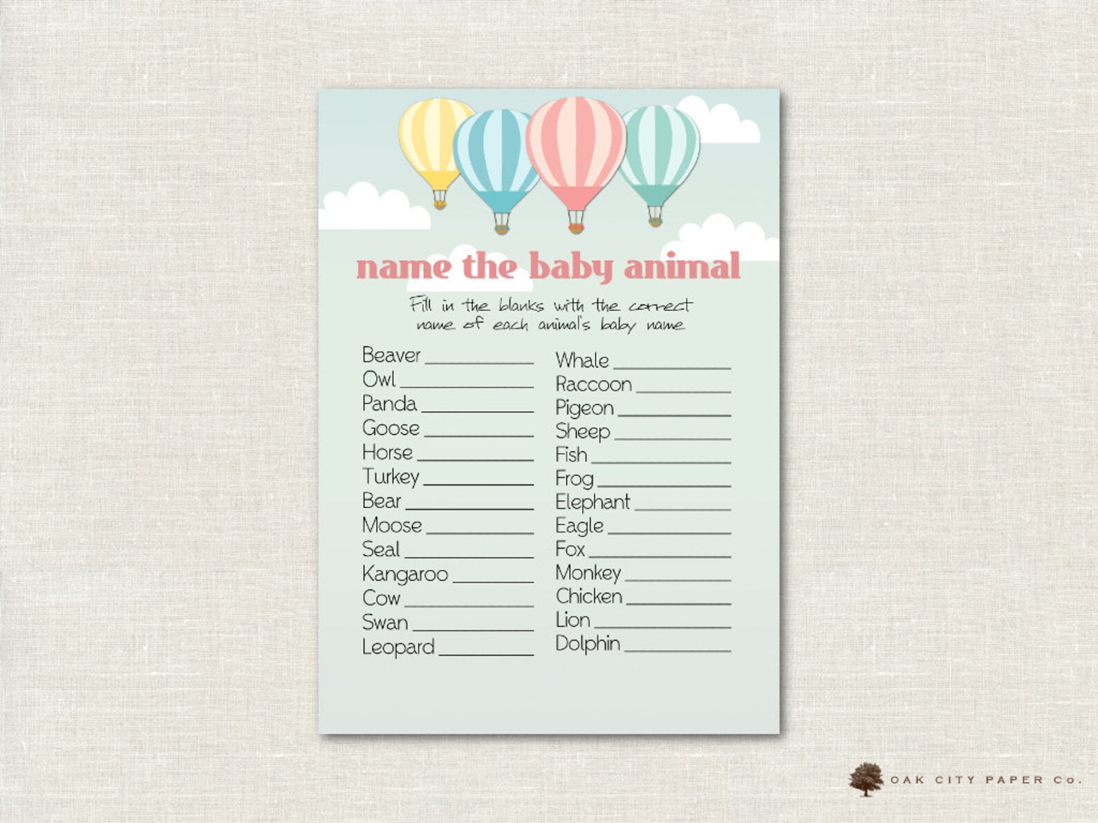 Hot Air Balloon Name the Baby Animal Baby Shower Game - Etsy