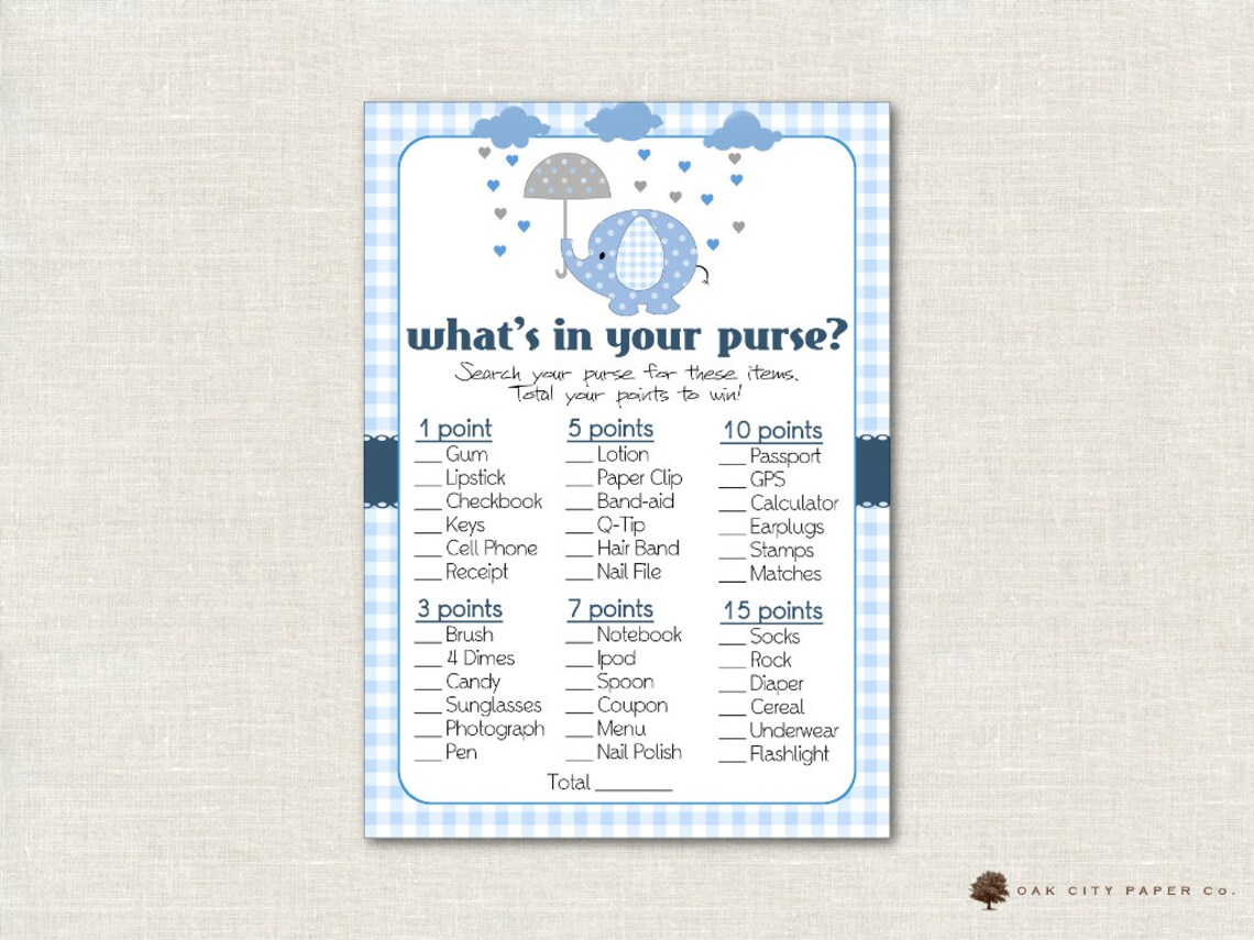 Elephant Whats in Your Purse Shower Game - Whats in Your Purse Baby ...