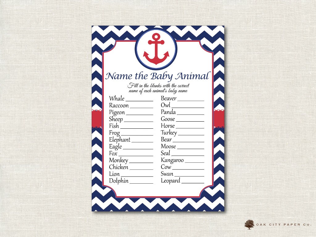 Nautical Name the Baby Animal Baby Shower Game - Nautical Shower Baby ...