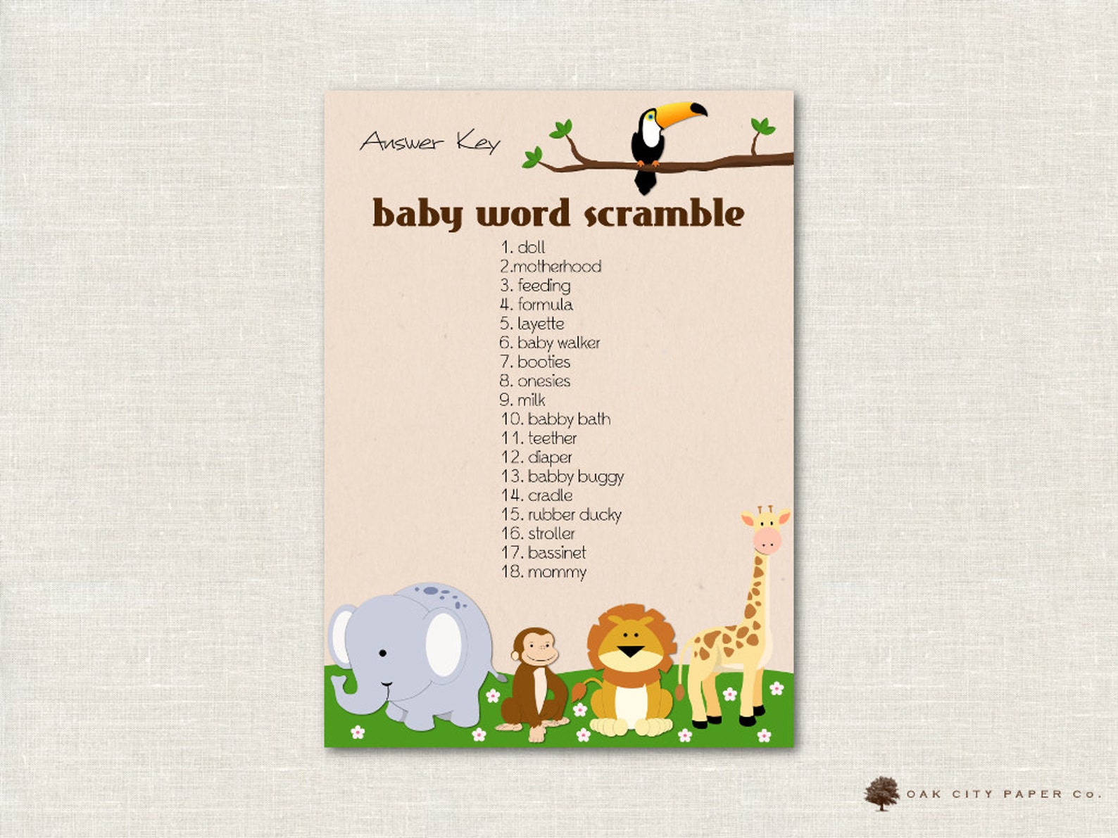 Safari Animal Baby Shower Word Scramble, Junble Animal Word Scramble ...