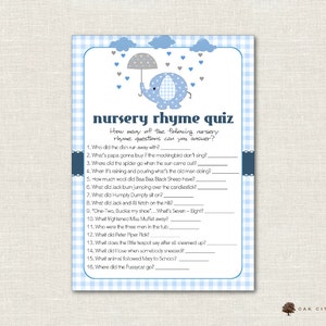 Elephant Nursery Rhyme Quiz Baby Shower Game Navy Elephant - Etsy