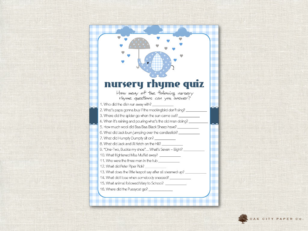 Elephant Nursery Rhyme Quiz Baby Shower Game - Navy Elephant Nursery ...