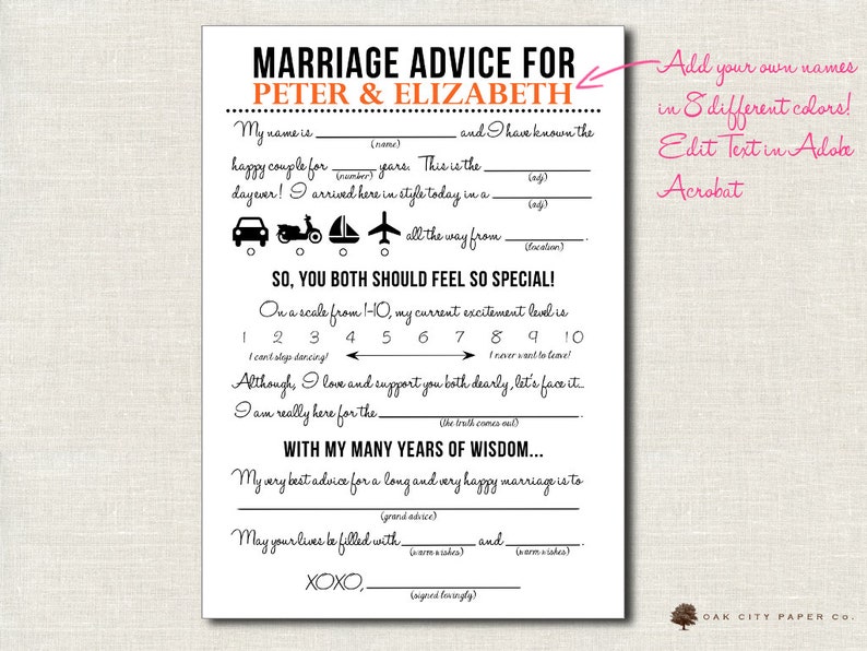 Printable Wedding Mad Lib Wedding Advice Card Newlywed Etsy