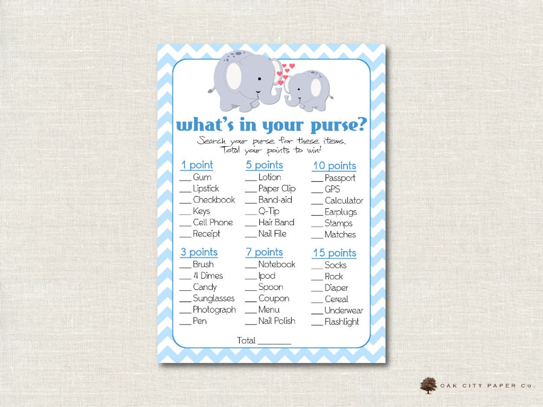 Elephant Whats in Your Purse Shower Game - Whats in Your Purse Baby ...