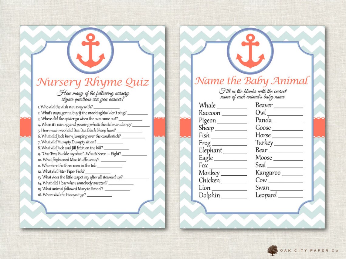 Nautical Baby Shower Games Coral and Blue Nautical Shower - Etsy