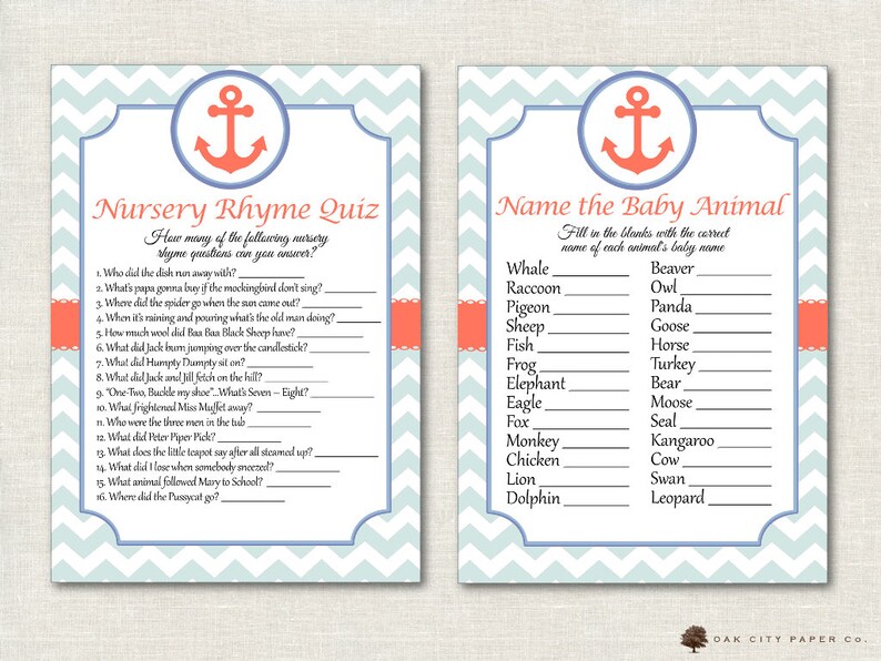 Nautical Baby Shower Games Coral and Blue Nautical Shower - Etsy