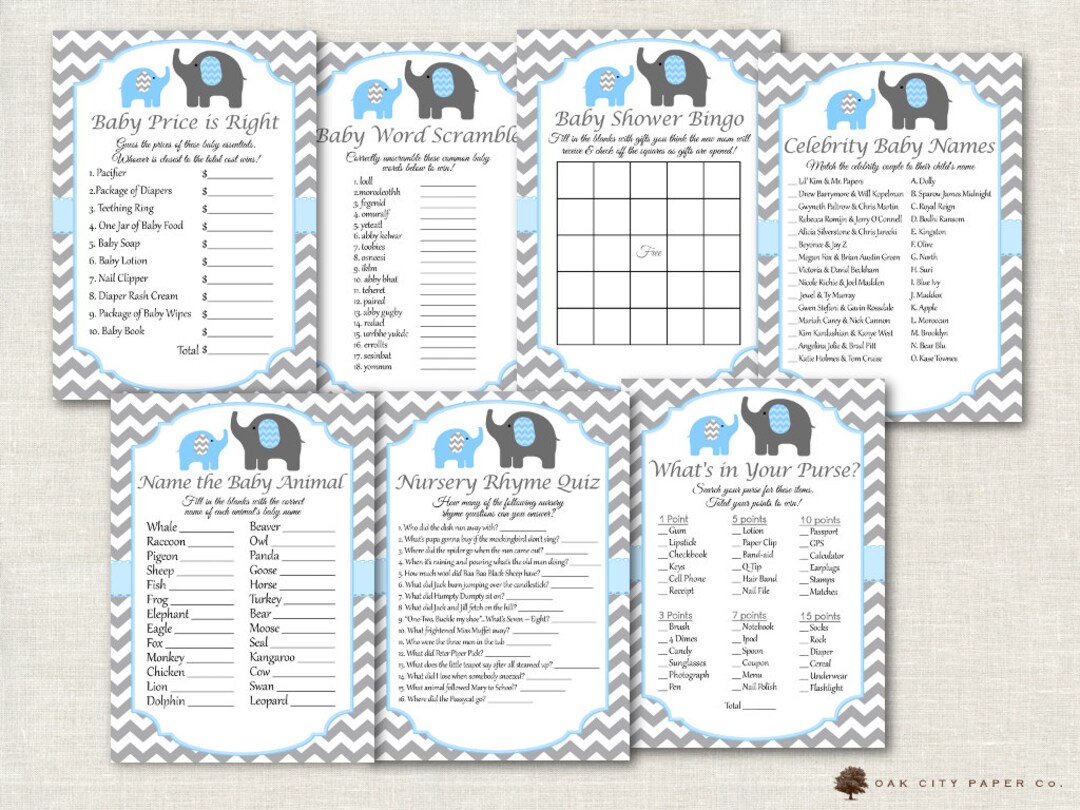Blue Baby Shower Games - Elephant Baby Shower Games, Blue Elephant Baby ...