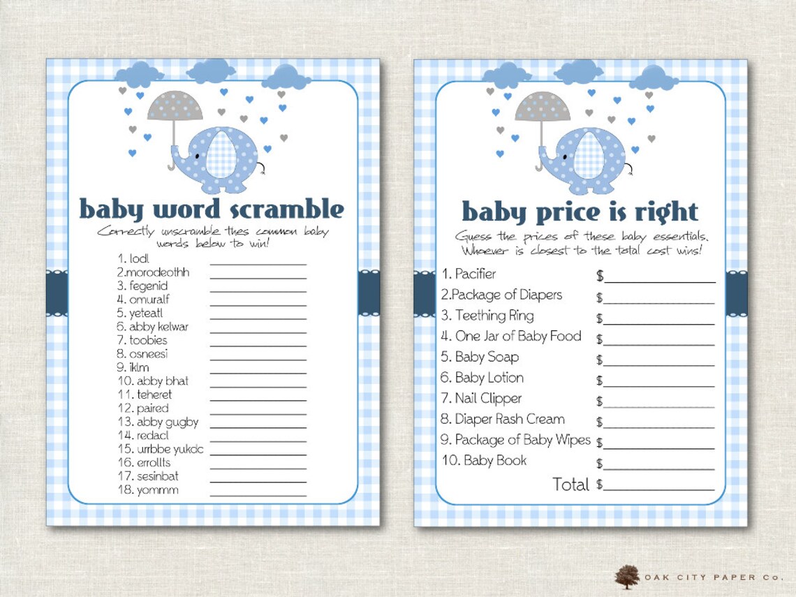 Blue Baby Shower Games Elephant Baby Shower Games Elephant | Etsy